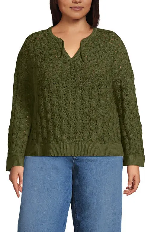 LANDS' END Drifter Tie Notch Neck Sweater - Artichoke