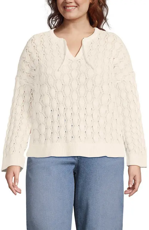 LANDS' END Drifter Tie Notch Neck Pointelle Sweater - Fresh Ivory