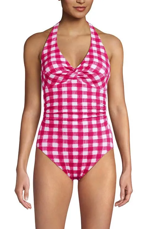 LANDS' END Knot Twist Halter One Piece - Azalea Pink Gingham Pique