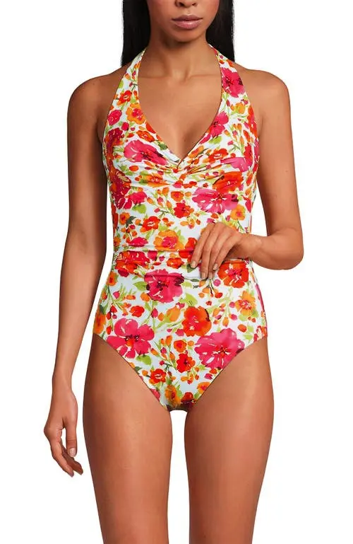 LANDS' END Knot Twist Halter One Piece - Multi Painted Blooms/white
