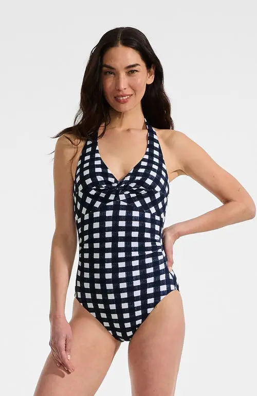 LANDS' END Knot Twist Halter One Piece - Navy Gingham Pique