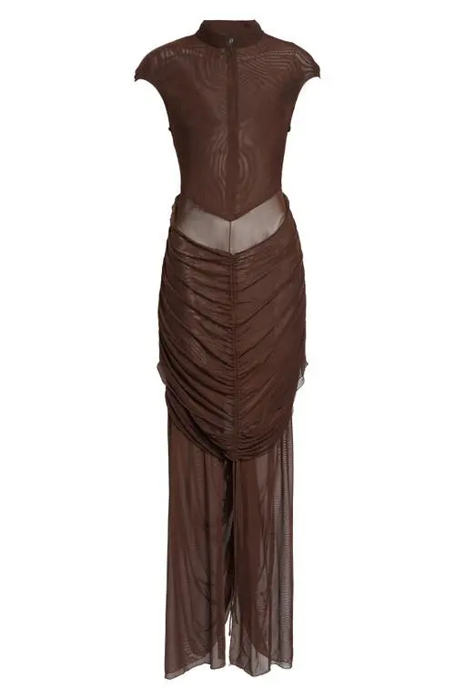 KIM SHUI Anai Ruched Stretch Mesh Dress - Brown