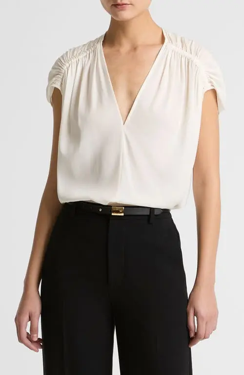 Vince Gathered Cap-sleeve Stretch Silk Top - Off White