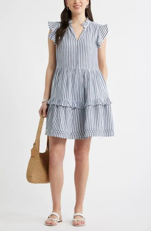 Caslon Striped Cotton Gauze Ruffle Dress - Navy- White Brianne Stripe