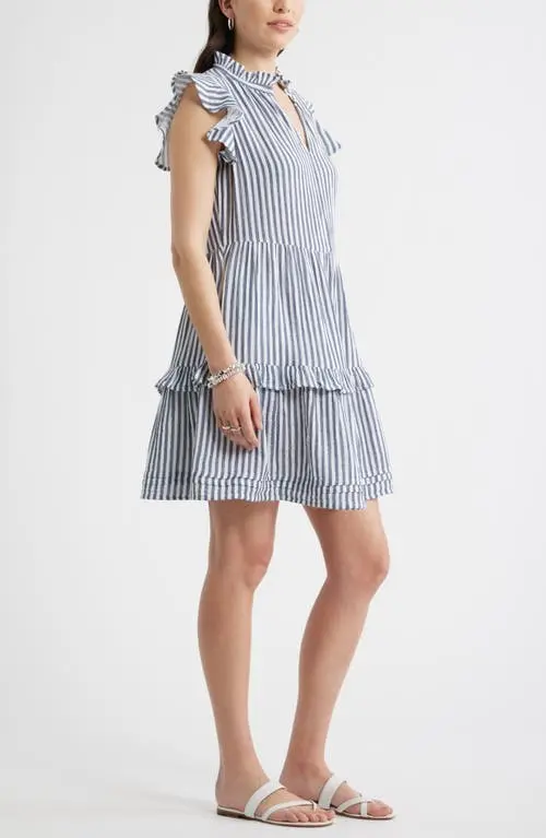 Caslon Striped Cotton Gauze Ruffle Dress - Navy- White Brianne Stripe