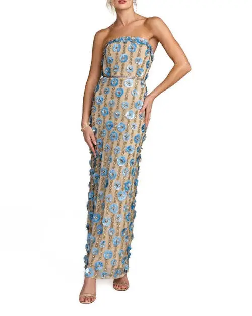 Mac Duggal Beaded Sequin Mesh Strapless Ankle Gown - Nude Blue