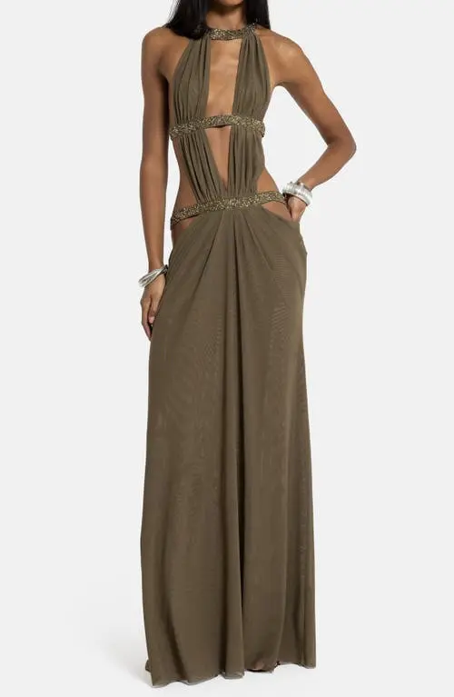 JADED LONDON Bead Detail Plunge Neck Open Back Maxi Dress - Green
