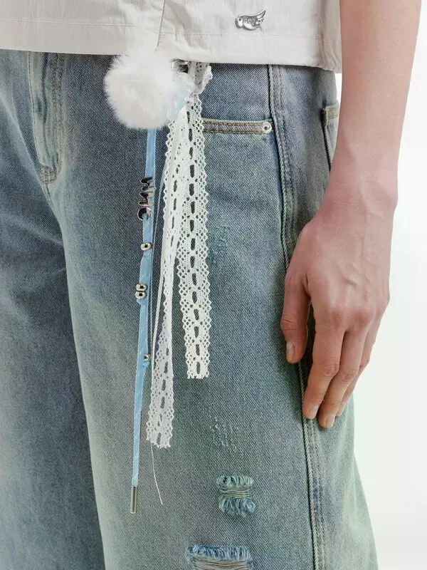 MINI CREAM Distressed Raw-edge Denim Shorts