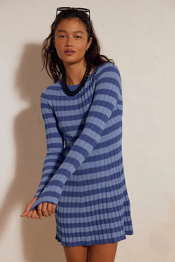 Free People Junie Sweater Mini Dress - Blue Sterling Combo