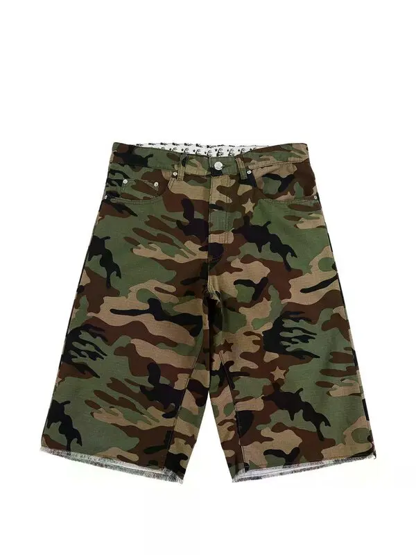 HELLSTAR Camouflage-print Raw-edge Shorts - Green