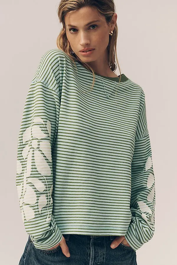 PILCRO Cotton Bonfire Pullover Top - Blue Stripe