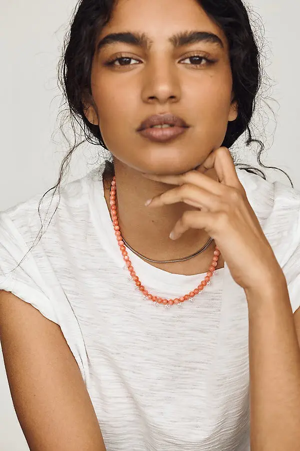 Anthropologie Beaded Crystal Necklace - Coral