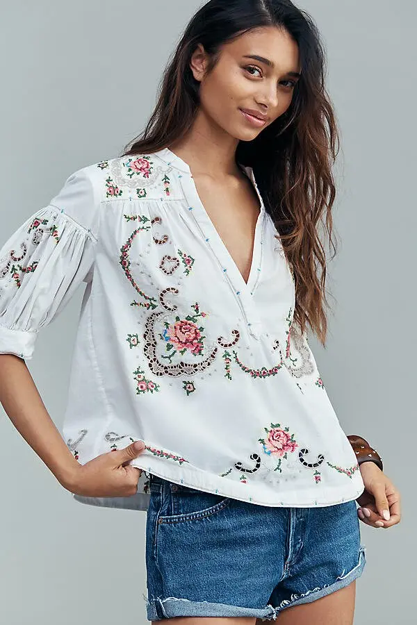 Anthropologie Darcey Popover Swing Top: Embroidered Edition - Ivory Floral