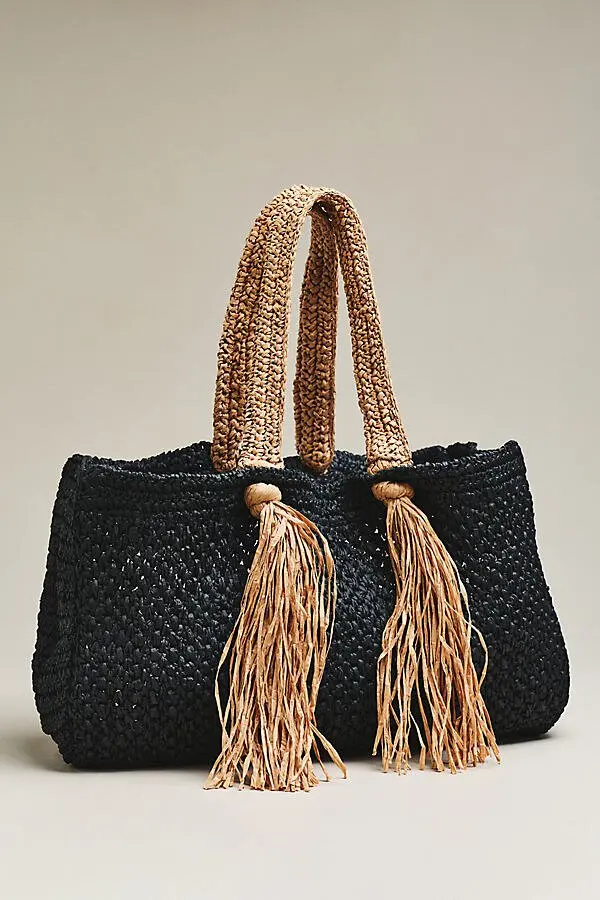 CELANDINE Raffia Frge Tote - Black