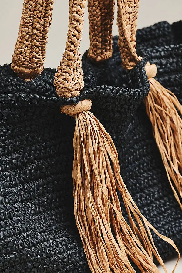 CELANDINE Raffia Fringe Tote - Black
