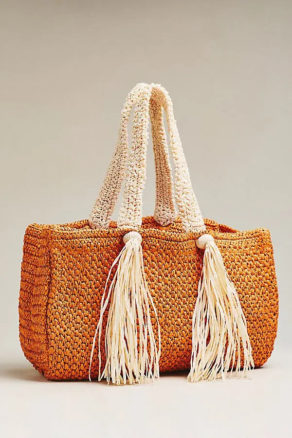 CELANDINE Raffia Frge Tote - Orange