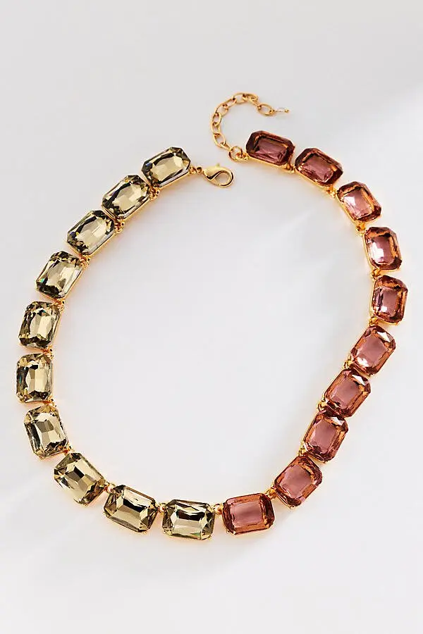 Anthropologie Rectangular Crystal Gem Necklace - Pink