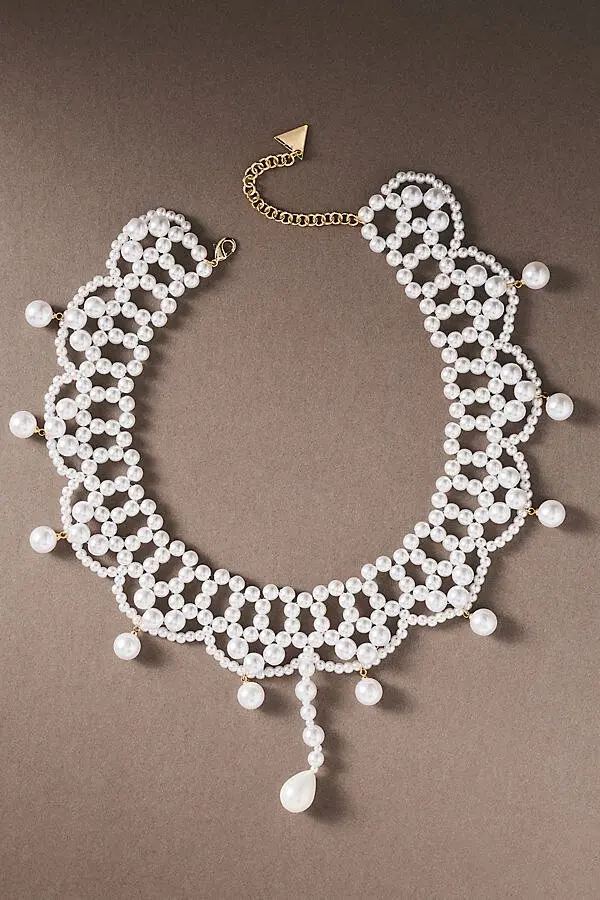 Anthropologie Hand-woven Lace Freshwater Pearl Choker - White