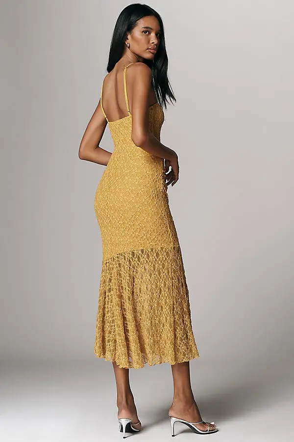 Asymmetric Lace Midi Dress by Anthropologie in Gold, Size: Small