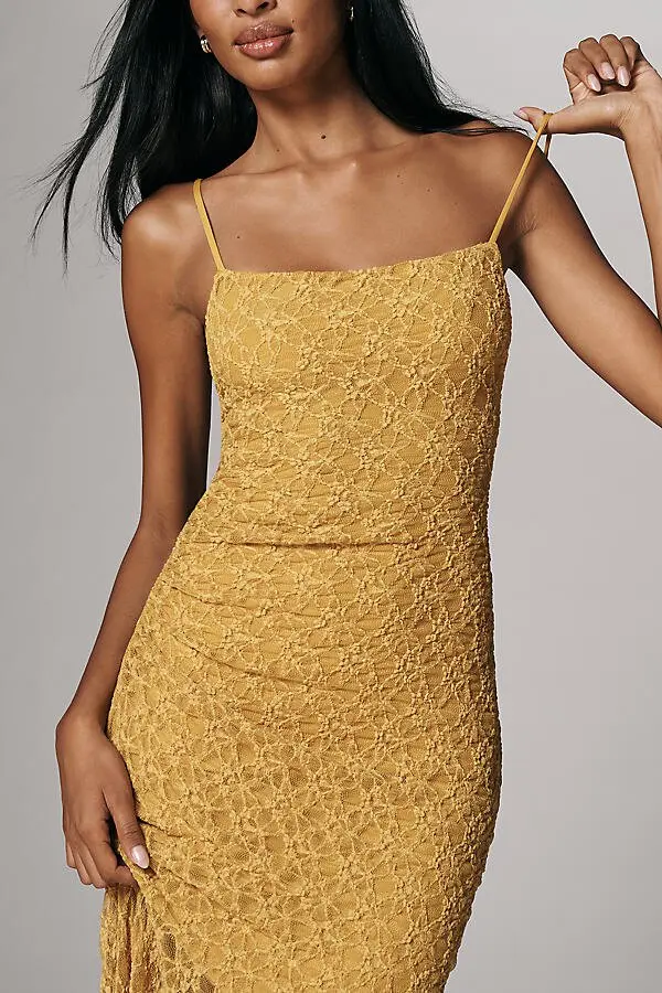 Asymmetric Lace Midi Dress by Anthropologie in Gold, Size: Small