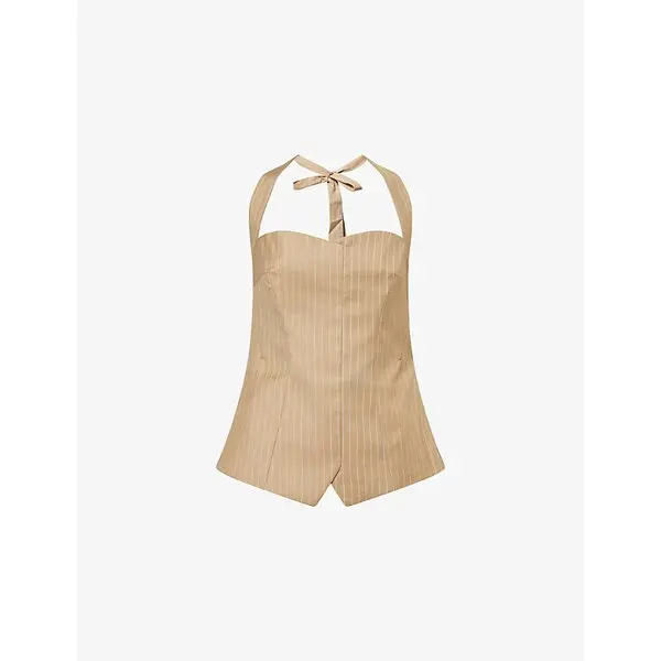 Oddmuse Pinstripe Halterneck Top - Camel