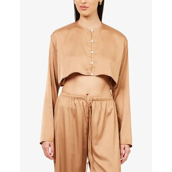 HYPHEN Long-sleeve Cropped Satin Top