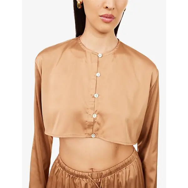 HYPHEN Long-sleeve Cropped Satin Top