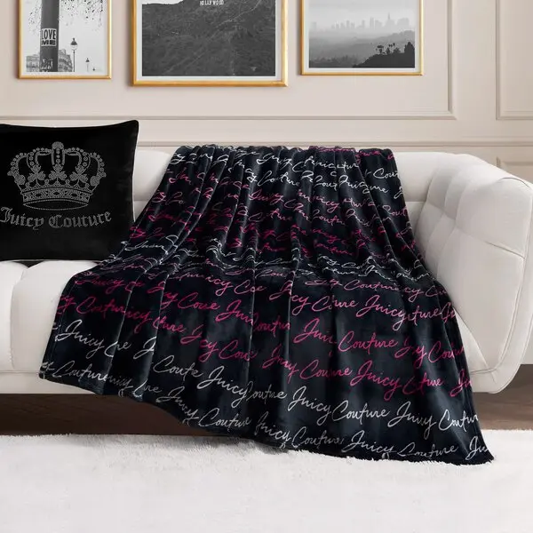 Juicy Couture Oversized Plush Throw Blanket - Script Wave Black