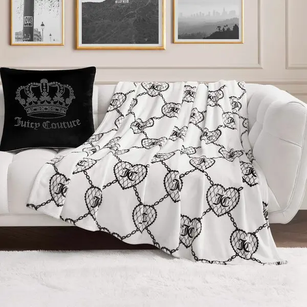 Juicy Couture Plush Throw Blanket 60 X 70 - Jc Lace Heart White