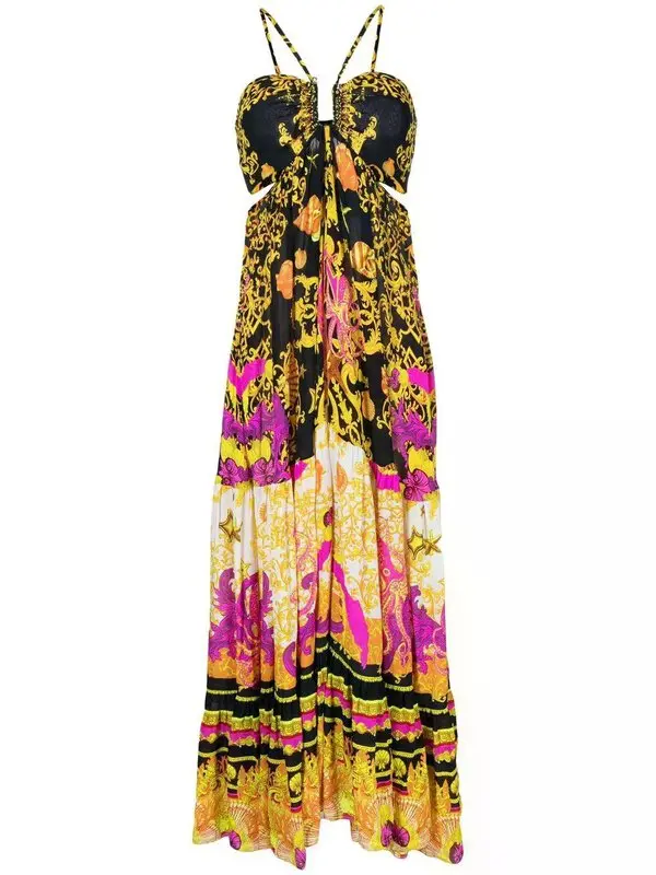 Camilla Printed Gathered Cut-out Maxi Dress