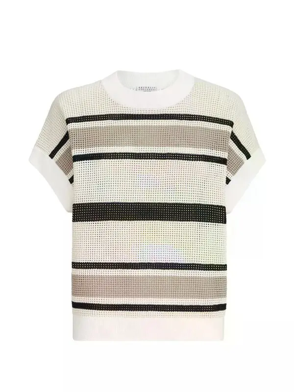 Brunello Cucinelli Striped Cotton Net Knit T-shirt