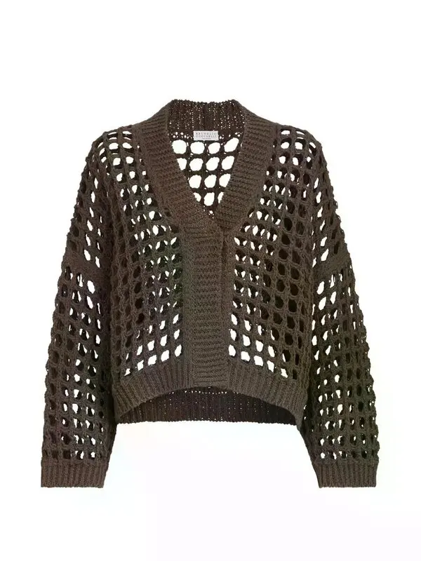 Brunello Cucinelli Jute And Cotton Net Cardigan - Brown