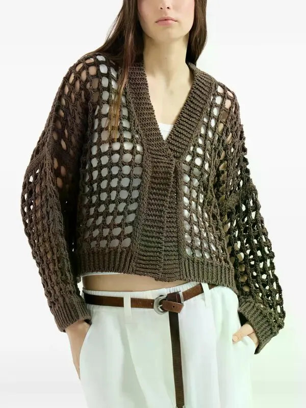 Brunello Cucinelli Jute And Cotton Net Cardigan - Brown