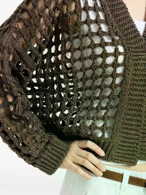 Brunello Cucinelli Jute And Cotton Net Cardigan - Brown