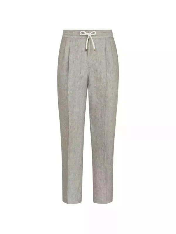 Brunello Cucinelli Linen And Hemp Diagonal Trousers With Drawstring And Double Pleats - Grey