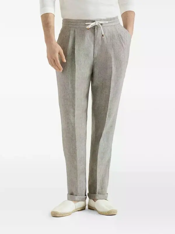 Brunello Cucinelli Linen And Hemp Diagonal Trousers With Drawstring And Double Pleats - Grey