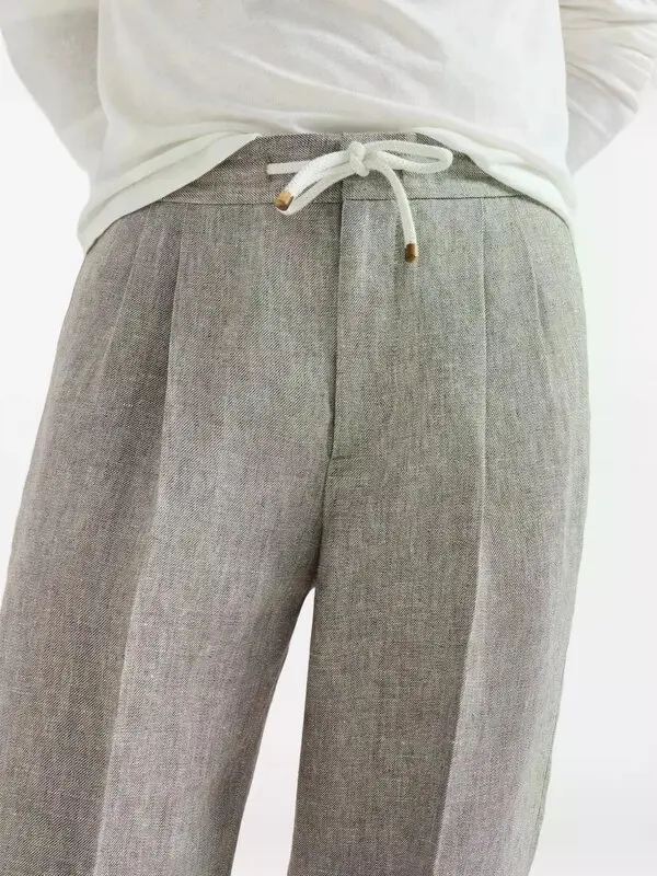 Brunello Cucinelli Linen And Hemp Diagonal Trousers With Drawstring And Double Pleats - Grey