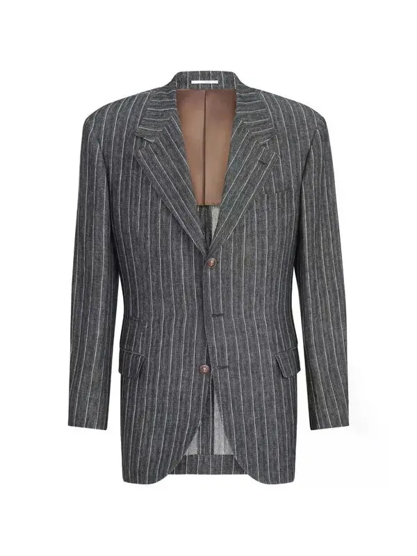 Brunello Cucinelli Linen Chalk Stripe Chevron Tailor Blazer With Metal Buttons - Grey