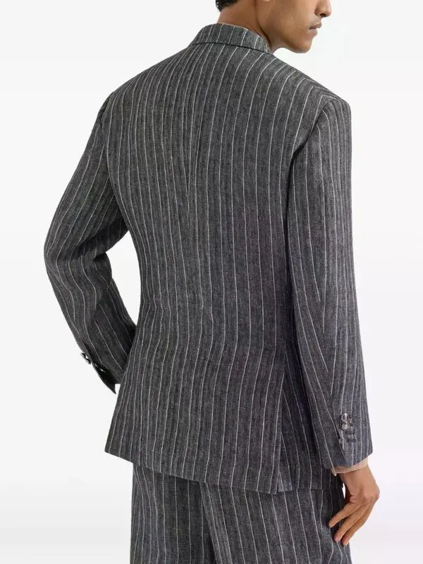 Brunello Cucinelli Linen Chalk Stripe Chevron Tailor Blazer With Metal Buttons - Grey
