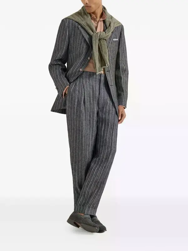Brunello Cucinelli Linen Chalk Stripe Chevron Trousers With Double Pleats - Grey