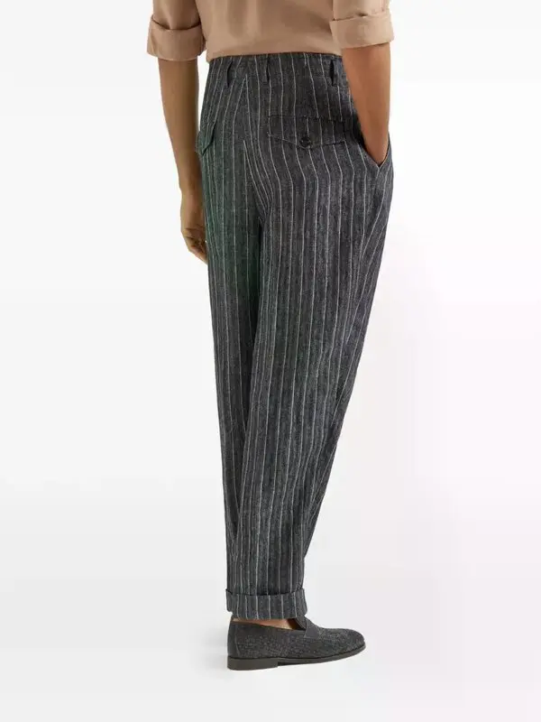 Brunello Cucinelli Linen Chalk Stripe Chevron Trousers With Double Pleats - Grey