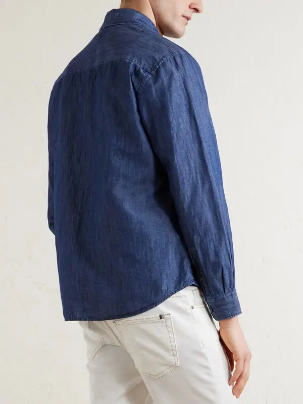 Canali Button-down Collar Cotton And Linen-blend Shirt - Blue