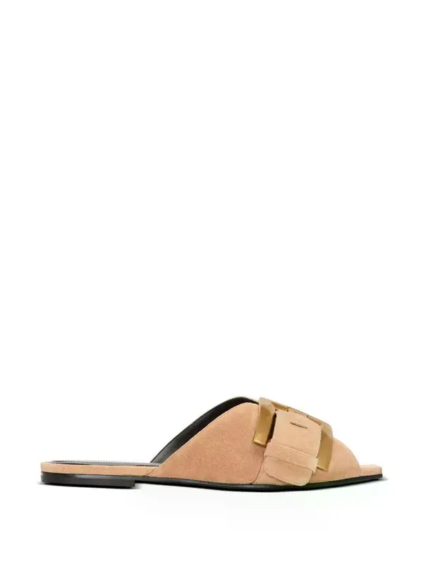 Balmain Flat Suede Leather Anthem Mules - Neutrals