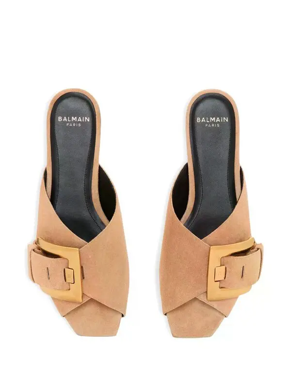 Balmain Flat Suede Leather Anthem Mules - Neutrals