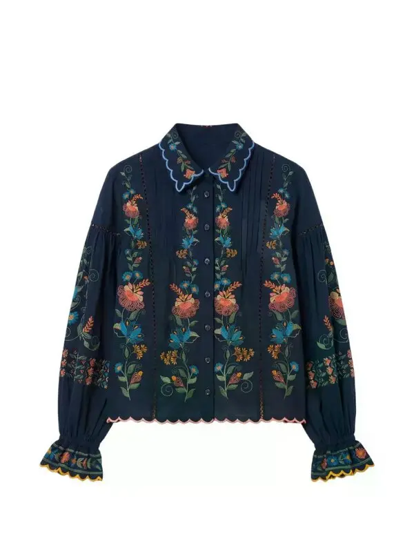 Farm Rio Embroidered Scalloped-edge Shirt - Blue