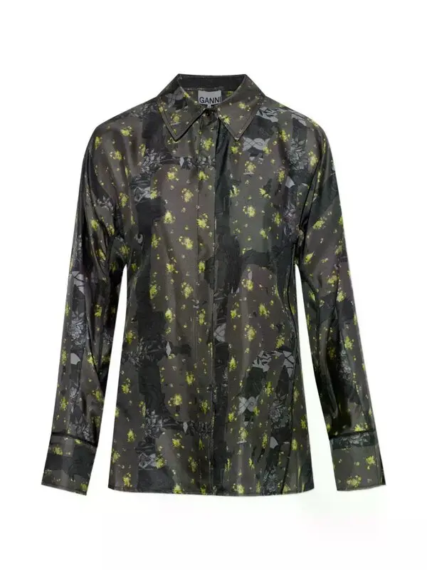 GANNI Floral-print Silk Shirt - Grey