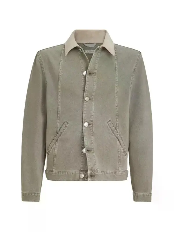 Brunello Cucinelli Garment-dyed Denim Jacket With Leather Collar - Green