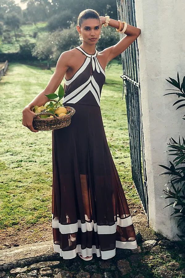 Anthropologie Halter Maxi Dress - Brown / Ivory