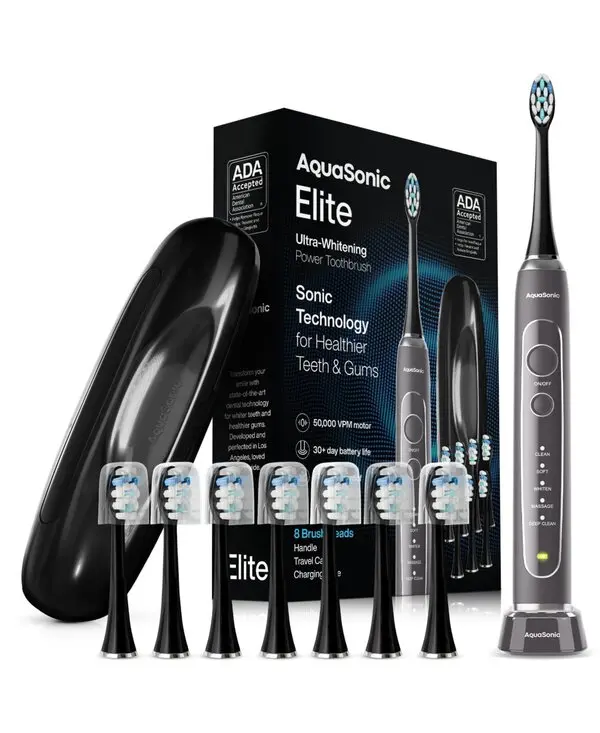 AQUASONIC Elite Rechargeable Electric Toothbrush Set - Charcoal