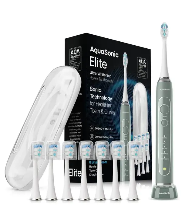 AQUASONIC Elite Rechargeable Electric Toothbrush Set - Green